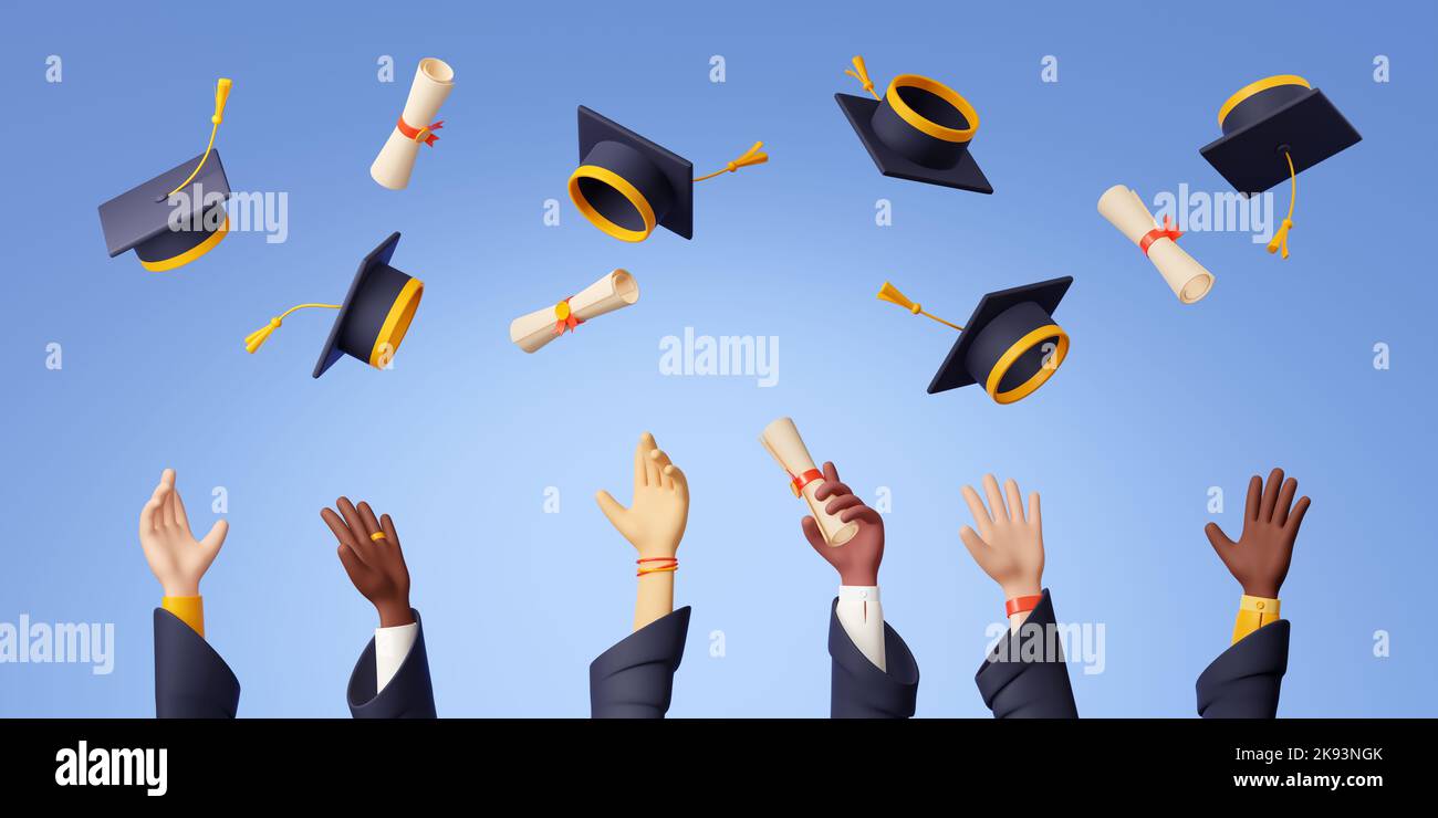 3d render alumni hands throw graduation caps and diploma in air ...