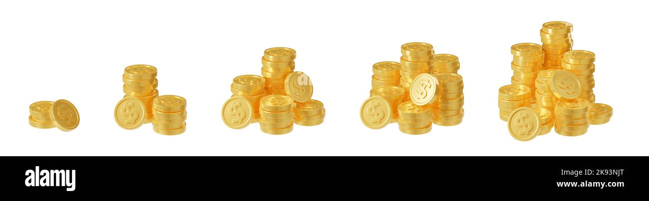 3d render growing golden coin piles. Financial concept with money ...