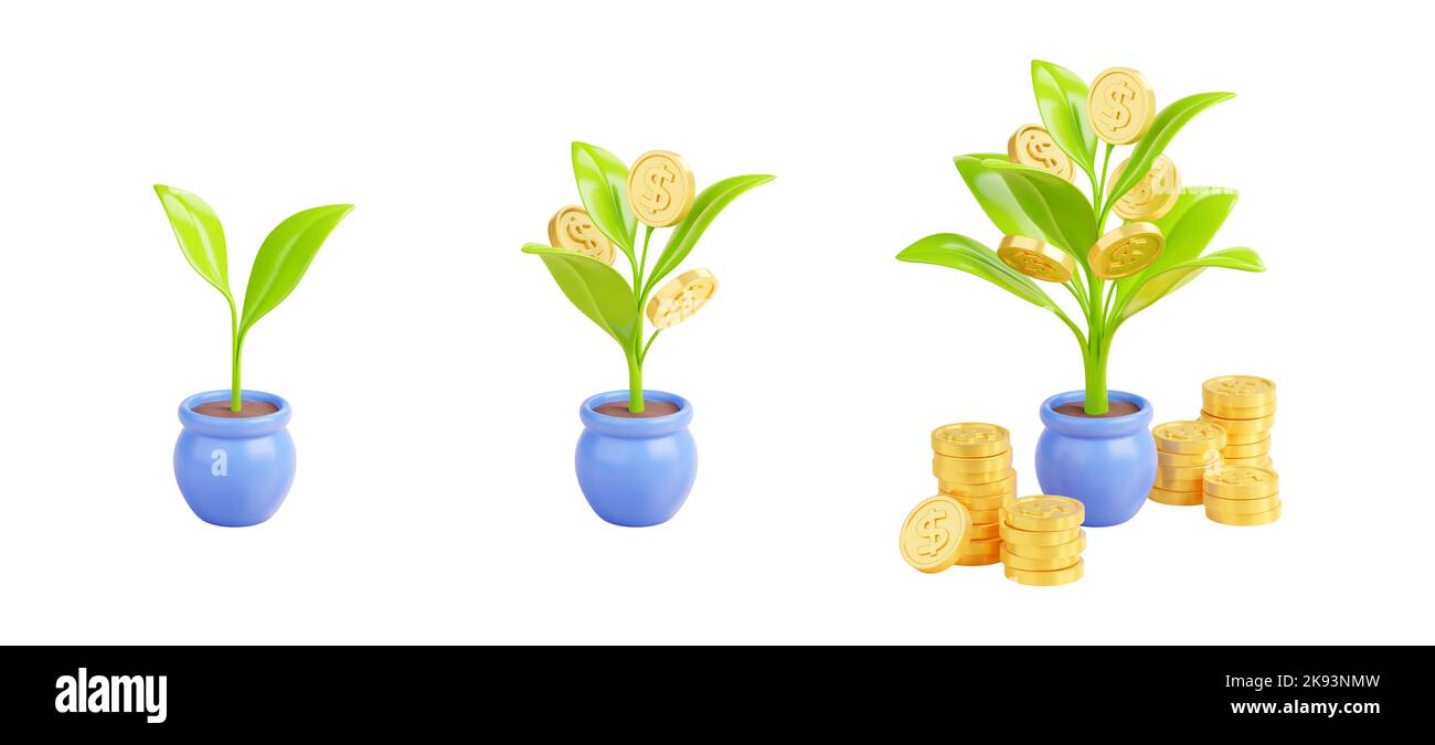 3D render set of sprout growing into money tree with golden coins ...