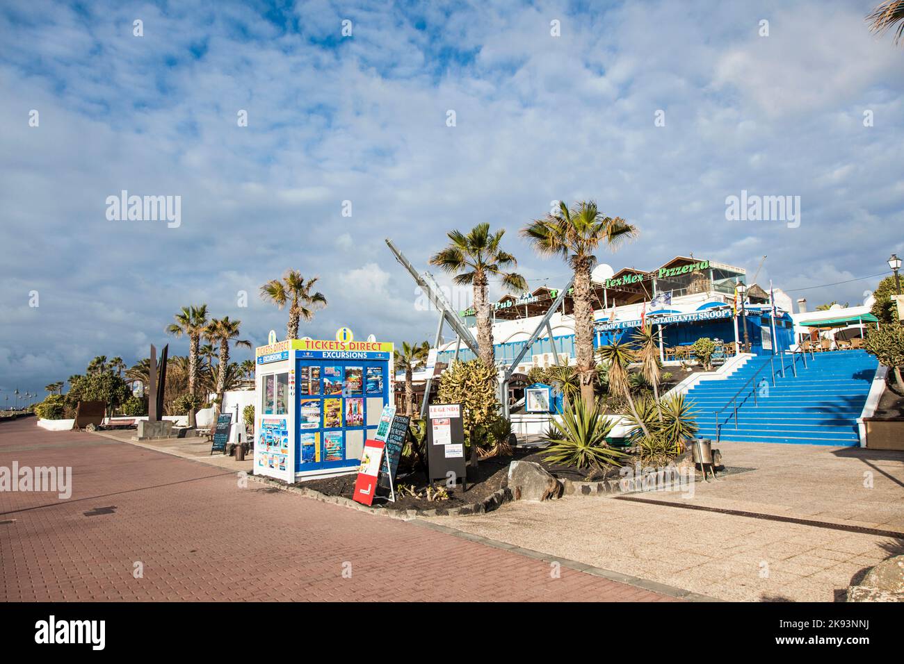 PLAYA BLANCA, SPAIN- APRIL 4: shops and restaurants of shopping center ...