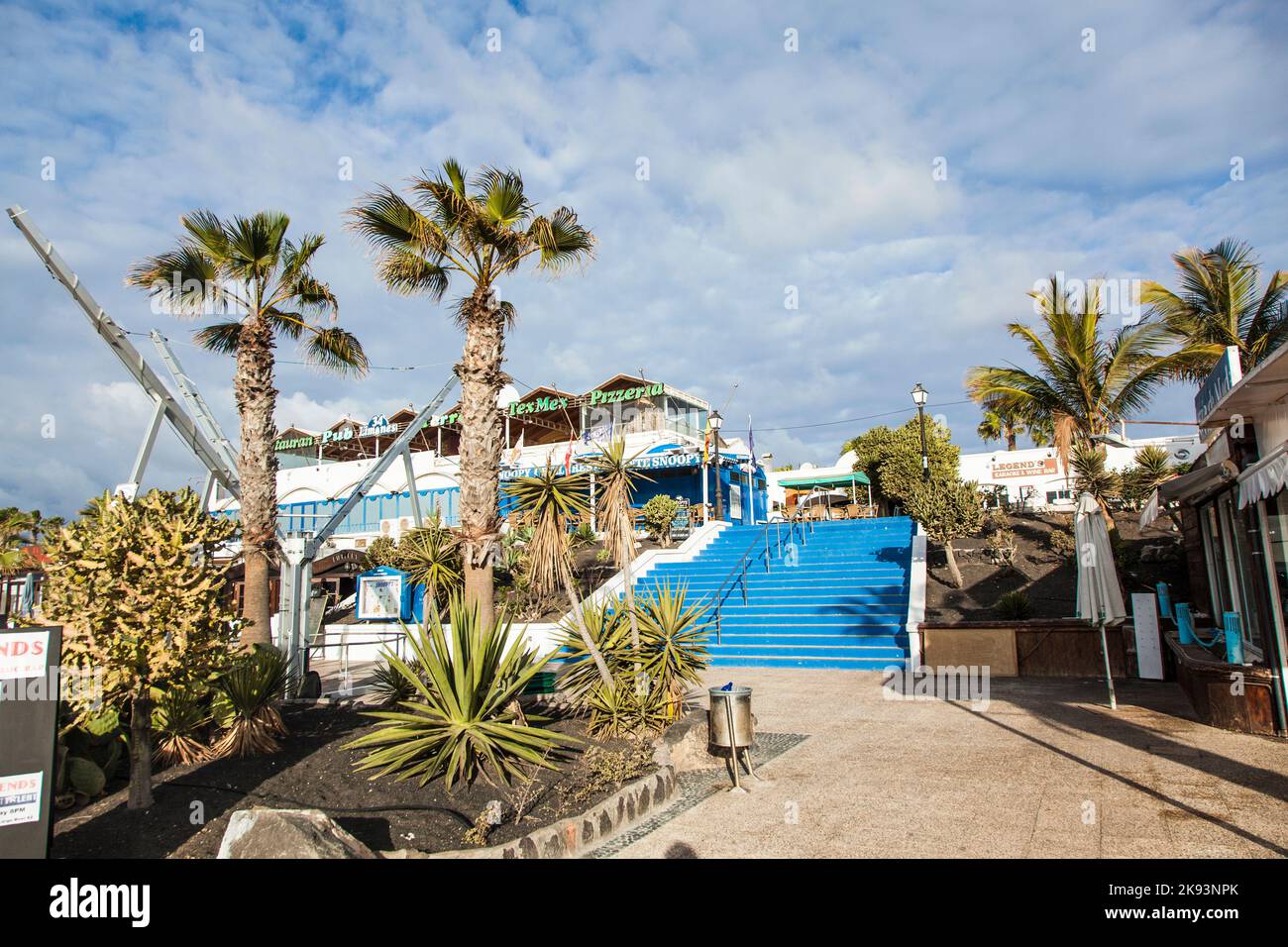PLAYA BLANCA, SPAIN- APRIL 4: shops and restaurants of shopping center ...