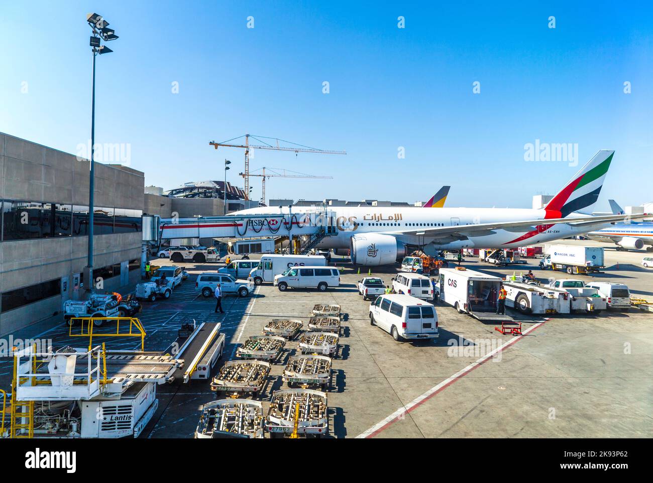LOS ANGELES, USA - JUNE 9: Emirates Boeing 777 parks at gate position ...
