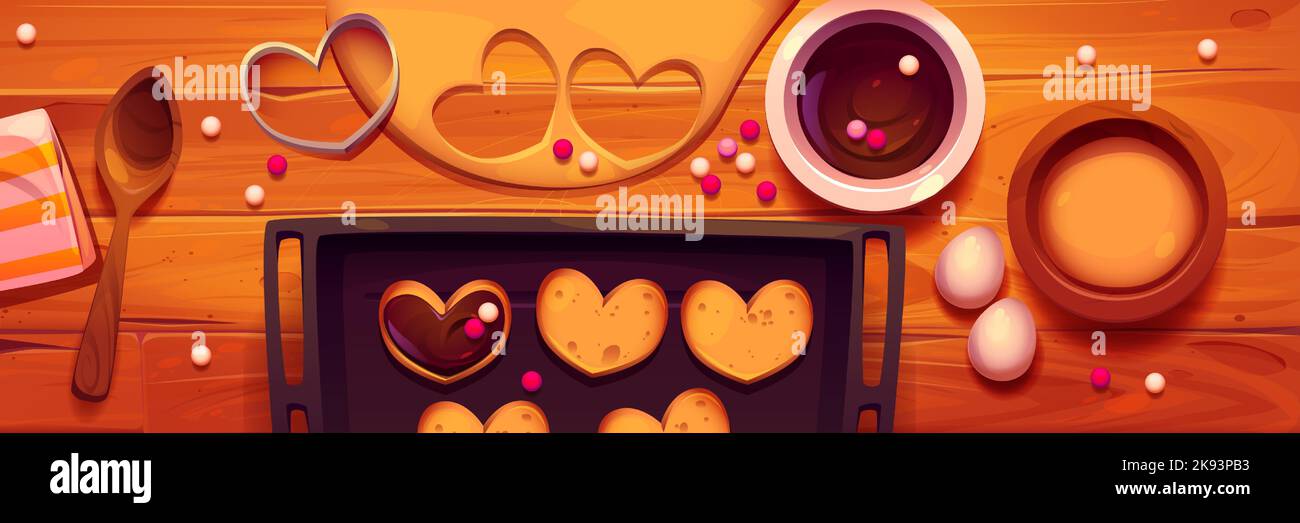 Kitchen table with cookies on baking sheet, dough in bowl, eggs and ...