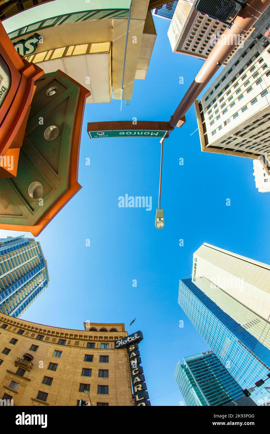 PHOENIX, USA - JUNE 14: perspective of skyscrapers corner San Carlos ...