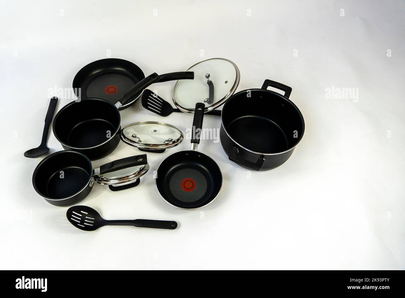 Set of aluminum cookware on kitchen counter, metal cookware, mexico ...
