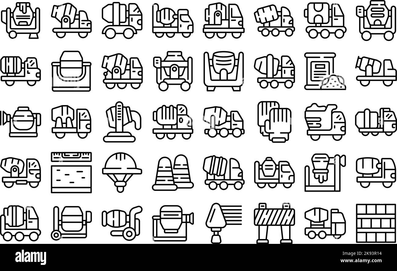 Cement mixer icons set outline vector. Concrete mix. Builder machine ...