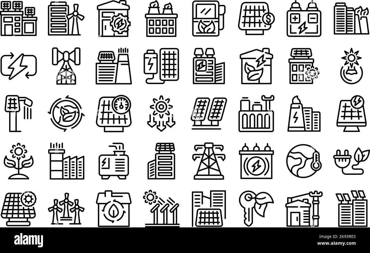 Home power plant icons set outline vector. Green energy. Battery ...