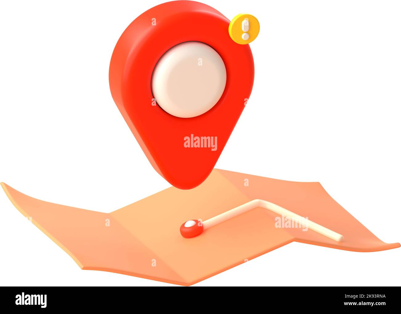 3D illustration of red locator sign on map with travel route to ...