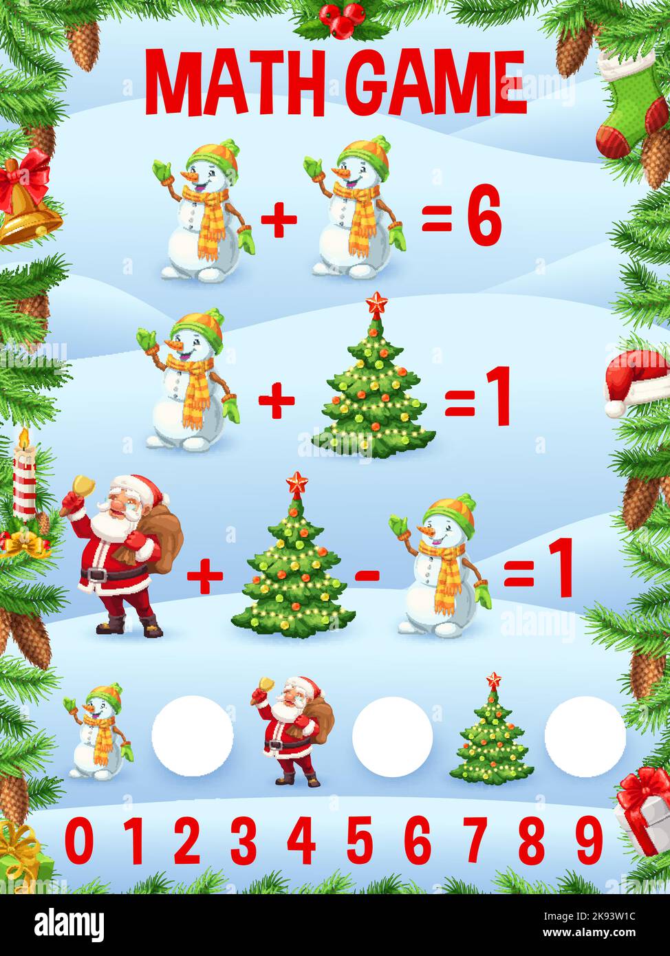 Cartoon Christmas characters. Math game worksheet or kids education ...
