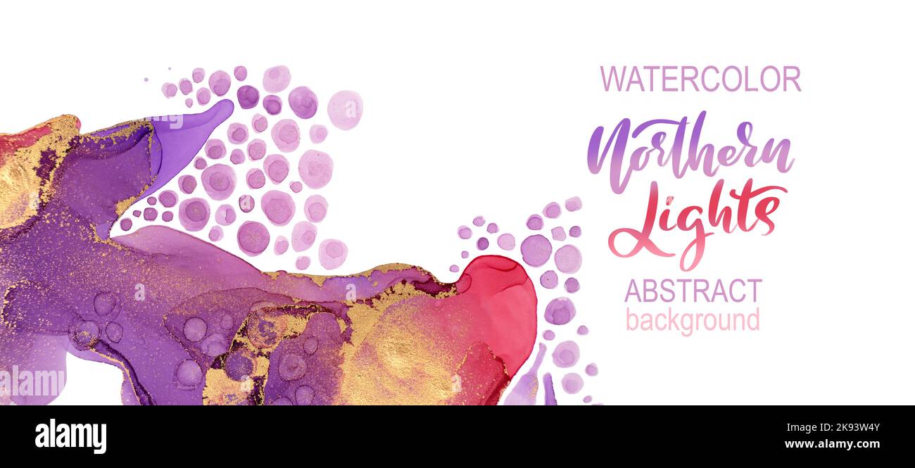 Northern lights watercolor imitation. Artwork design template with gold ...