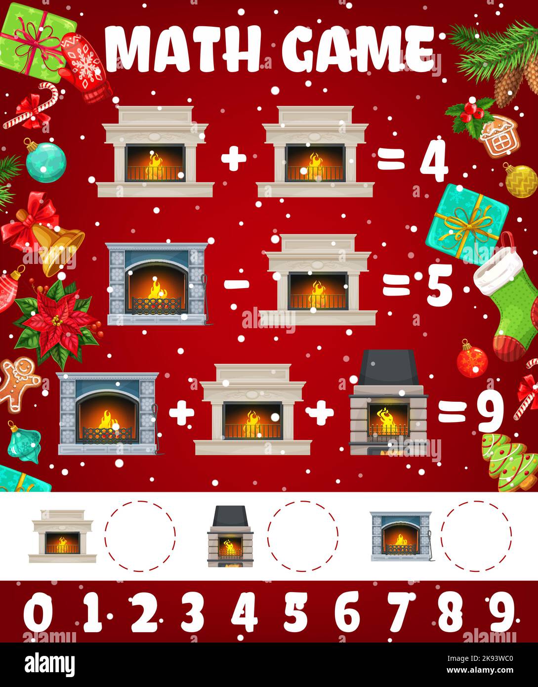 Christmas fireplaces and hearth math game worksheet. Vector educational ...
