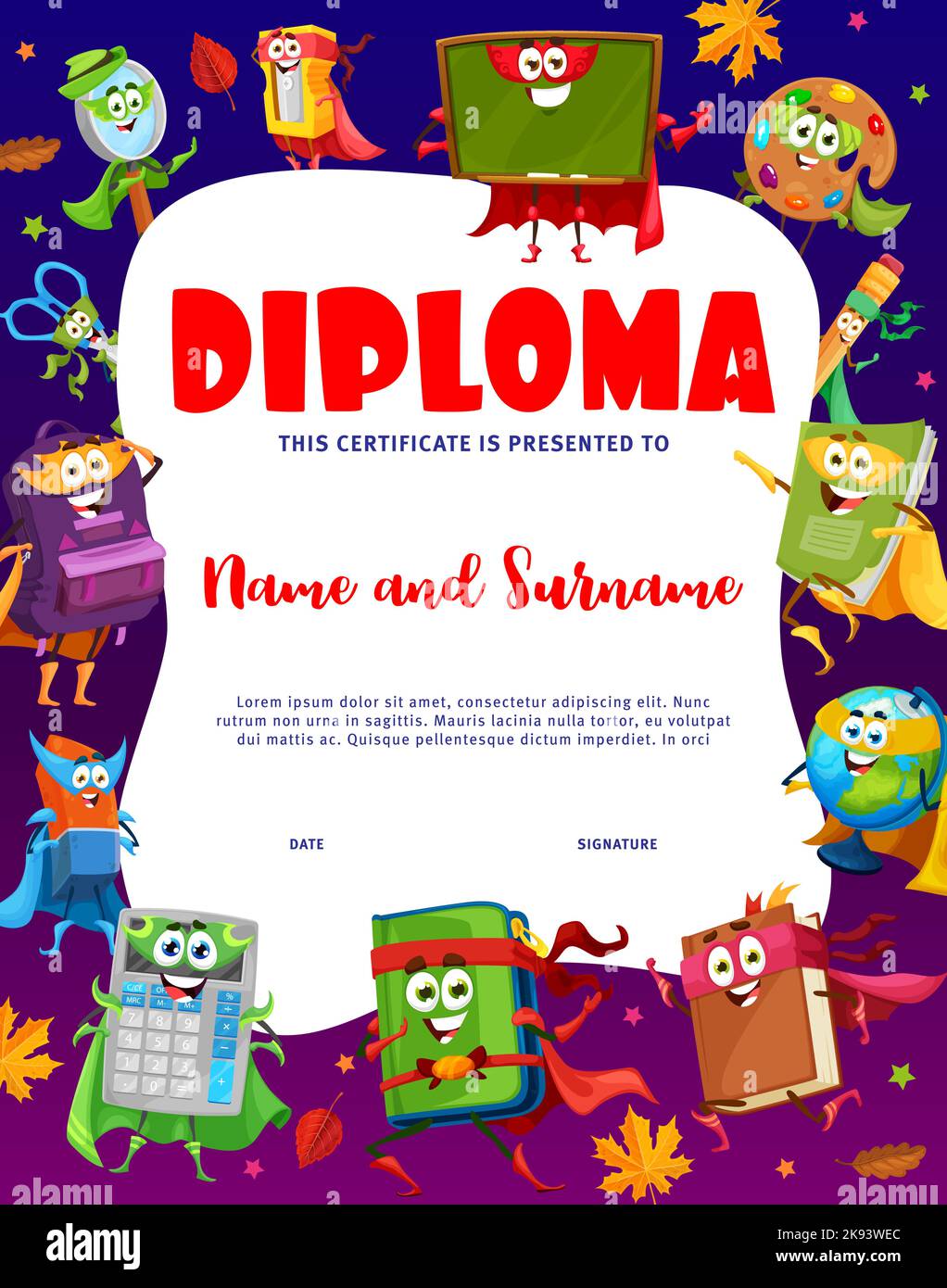 Kids diploma cartoon school stationery superhero characters. Vector ...