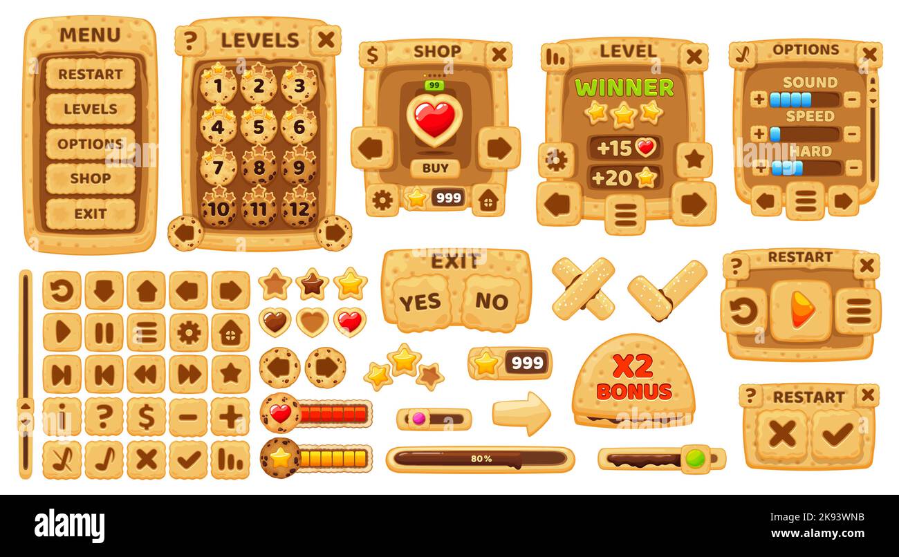 Cartoon cookie cracker game interface UI and GUI elements. Vector cookie control icon and candy ...
