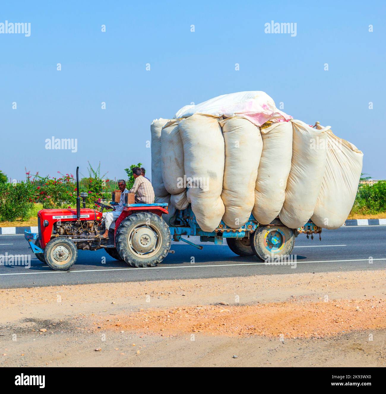 RAJASTHAN, INDIA - FEB. 24: timber transport with tractor on country ...