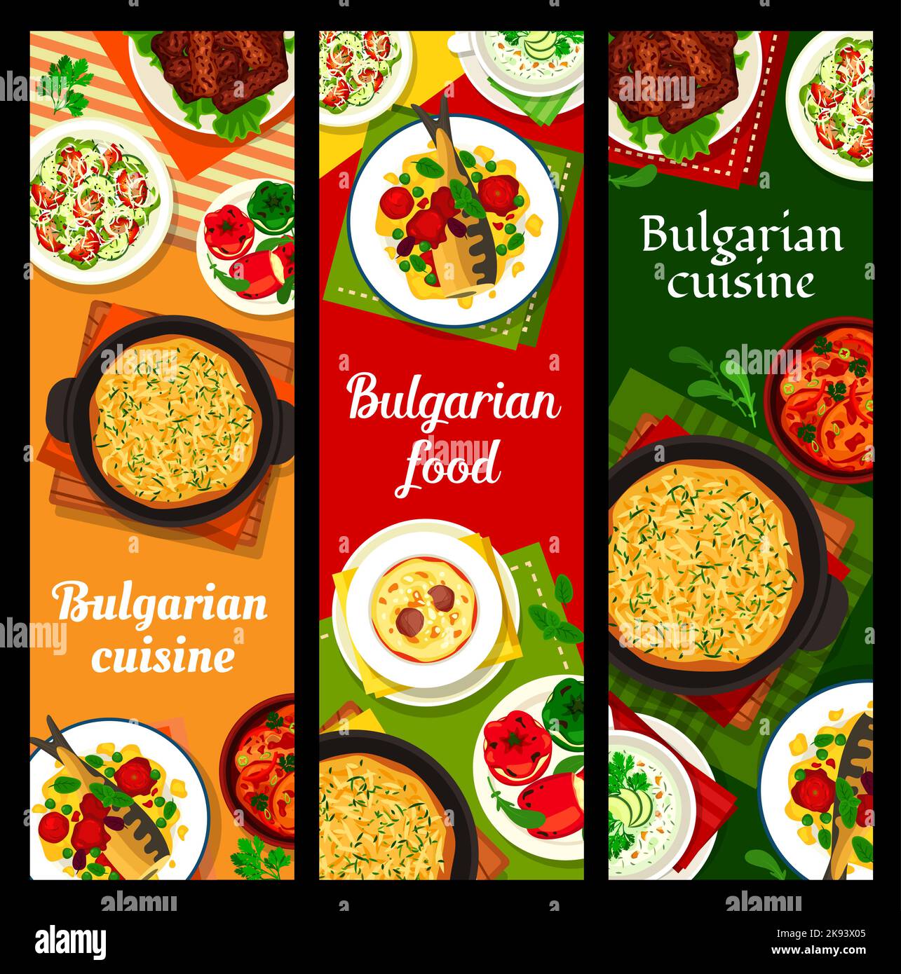 Bulgarian cuisine banners. Tarator and Supa Topcheta soups, vegetable ...