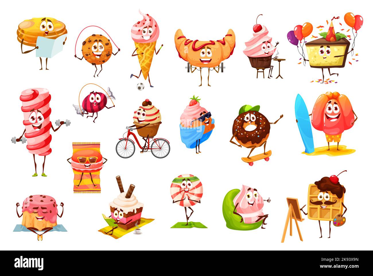 Cartoon sweets, candy, dessert, cookie and bakery characters. Vector ...