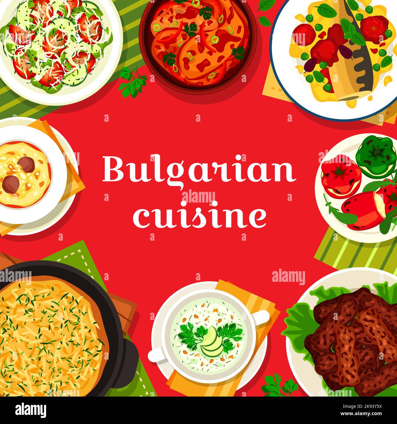 Bulgarian cuisine menu cover. Chicken vegetable Plakia, baked fish in ...