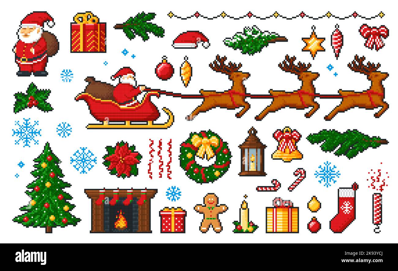 8 bit Christmas and New Year pixel icons or characters game asset ...