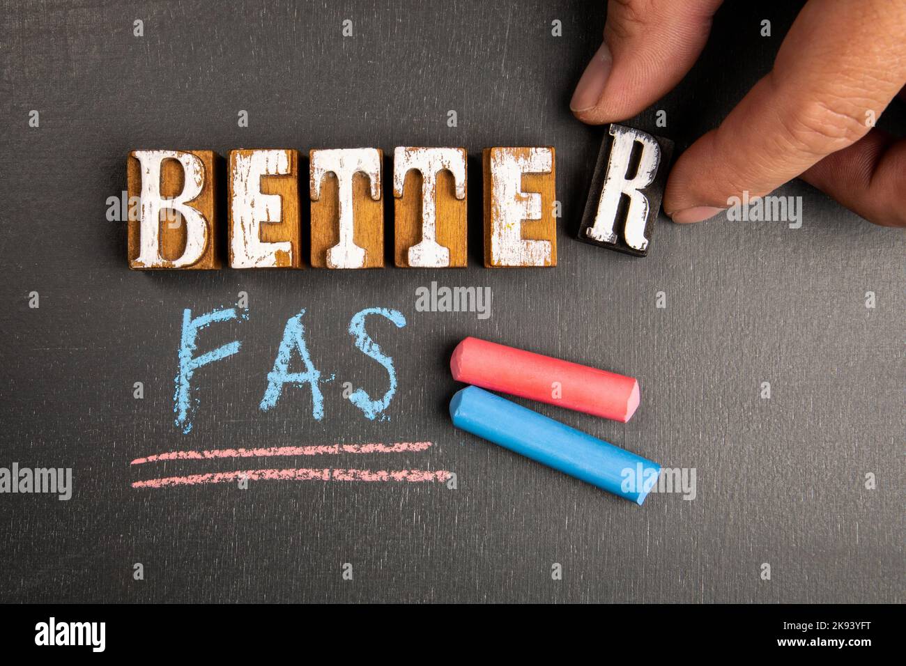 Better and Faster concept. Text on a dark chalkboard background Stock ...