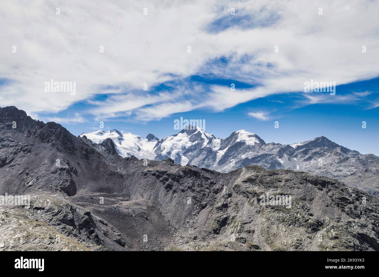 Alpine landscape in the Rhaetian Alps and Bernina Peak in Switzerland ...