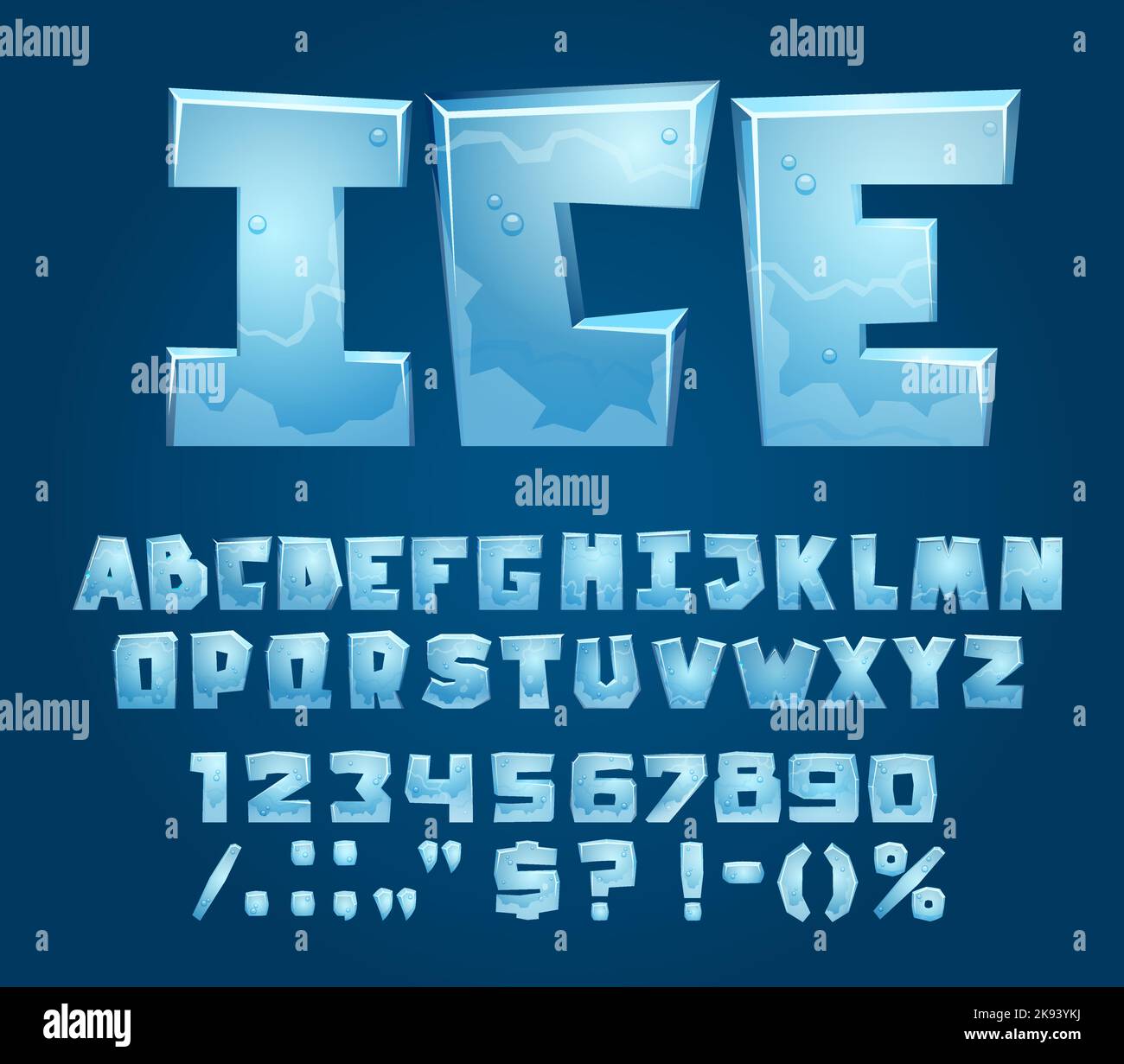 Ice crystal font, typeface, type alphabet. Frozen water letters, alphabet punctuation and ...