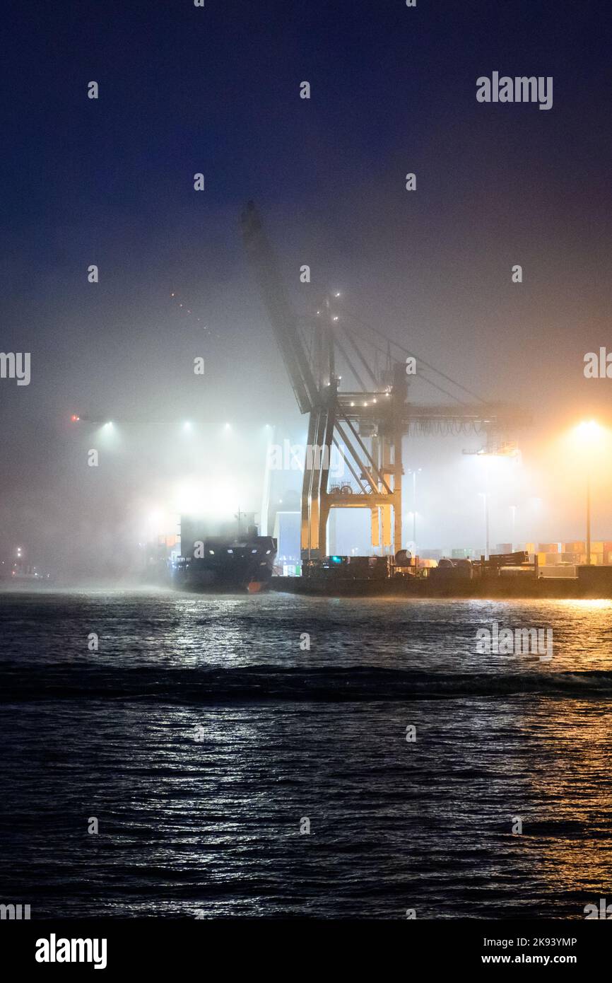 Hamburg, Germany. 26th Oct, 2022. The Tollerort container terminal in the morning mist. In the ...