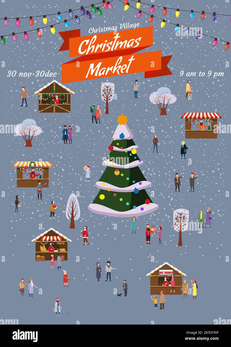 Christmas market poster, background. Xmas fair card with decorated ...
