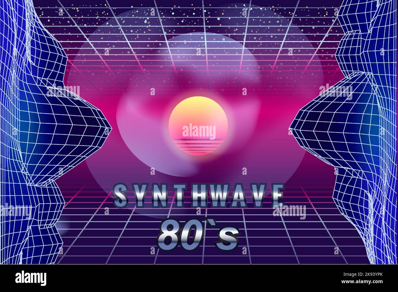 Abstract Synthwave retro banner vaporwave aesthetic background. Mountains landscape grid 3d ...