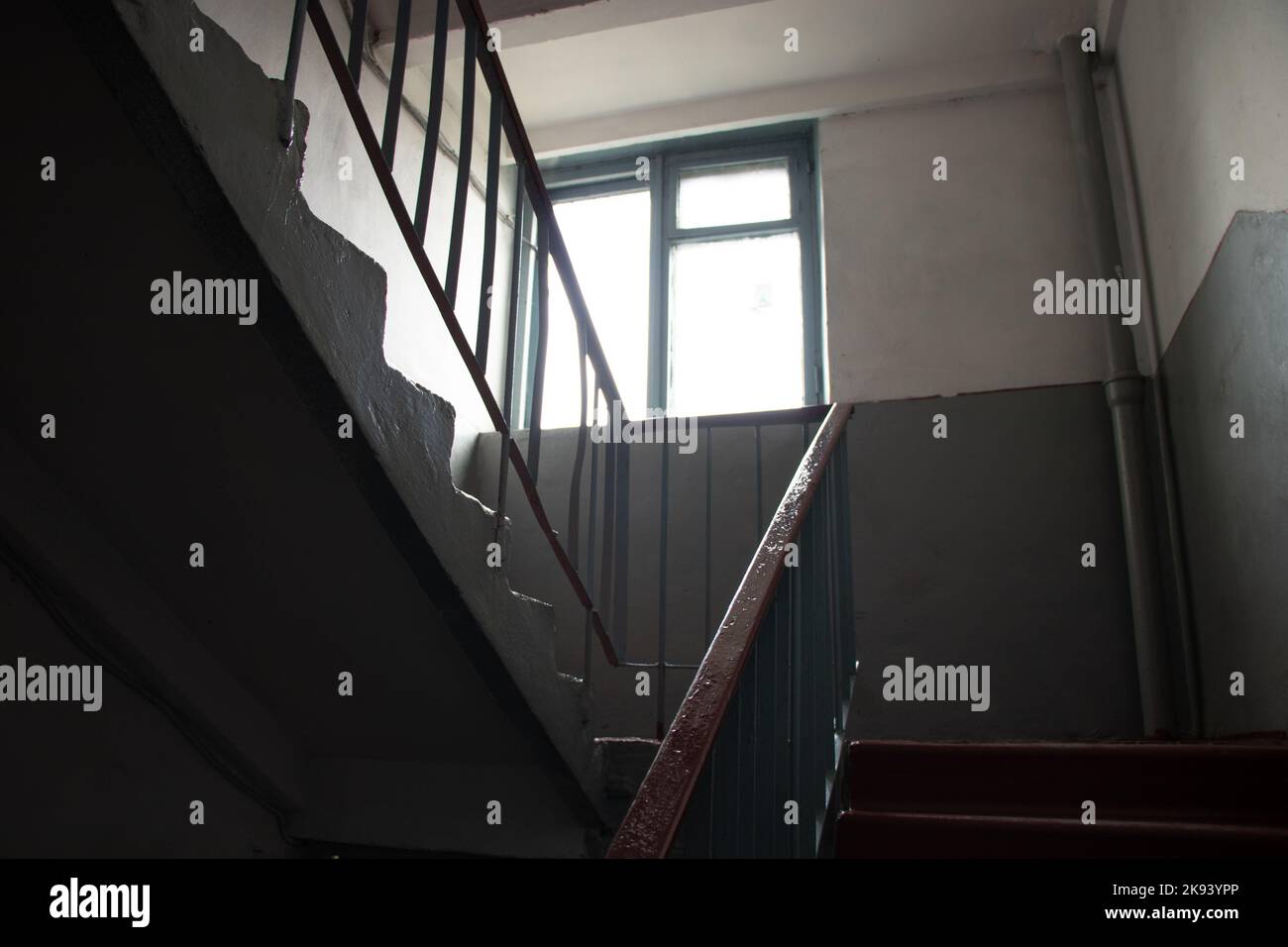 old soviet dirty dark staircase in an apartment building in dnipro city ...