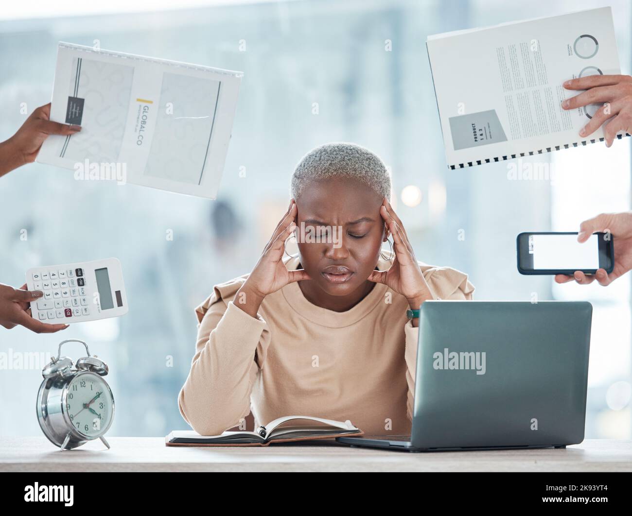 Office Stress Or Headache Of Black Woman With Hands Holding Documents