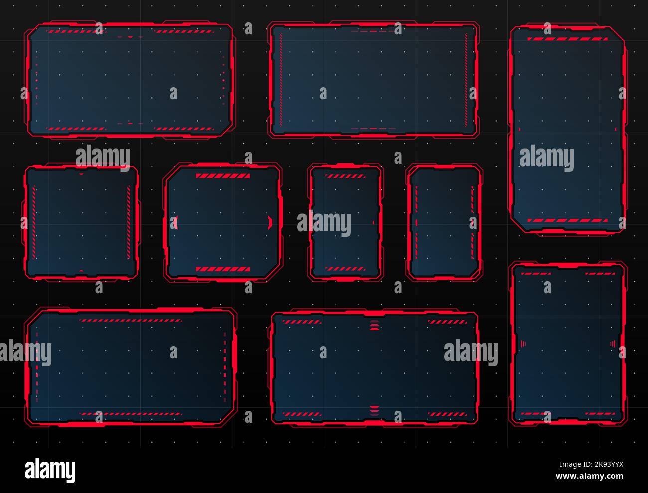 Red HUD danger warning and alert attention frames, vector interface ...