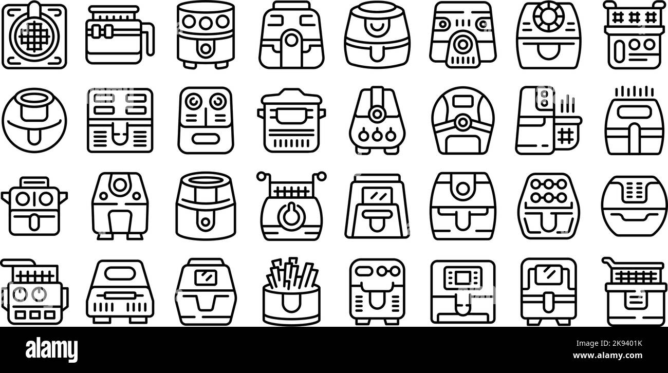 Air fryer icons set outline vector. Fry bakery. Cook food Stock Vector ...