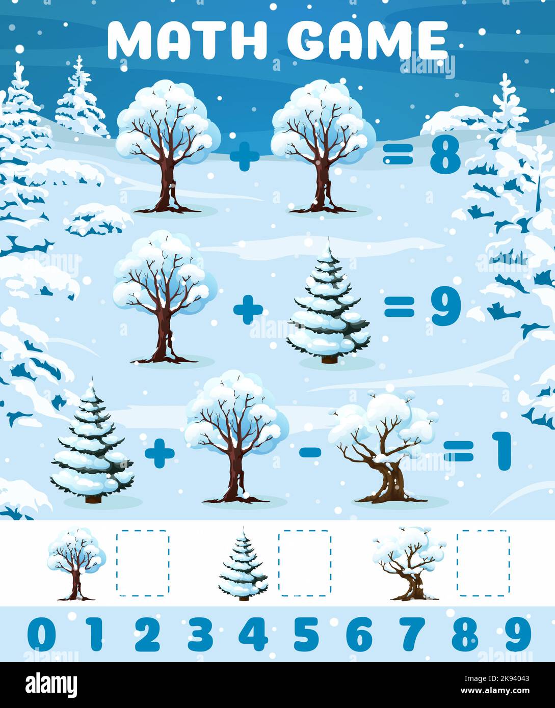 Christmas winter forest, snowy trees math game worksheet. Kids ...
