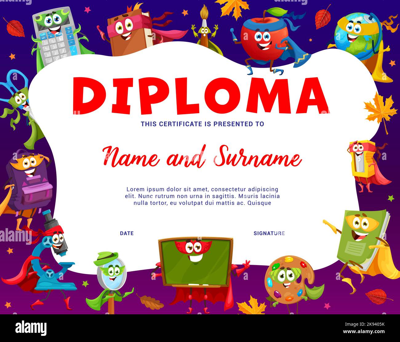 Kids diploma cartoon school stationery superhero characters. Vector ...