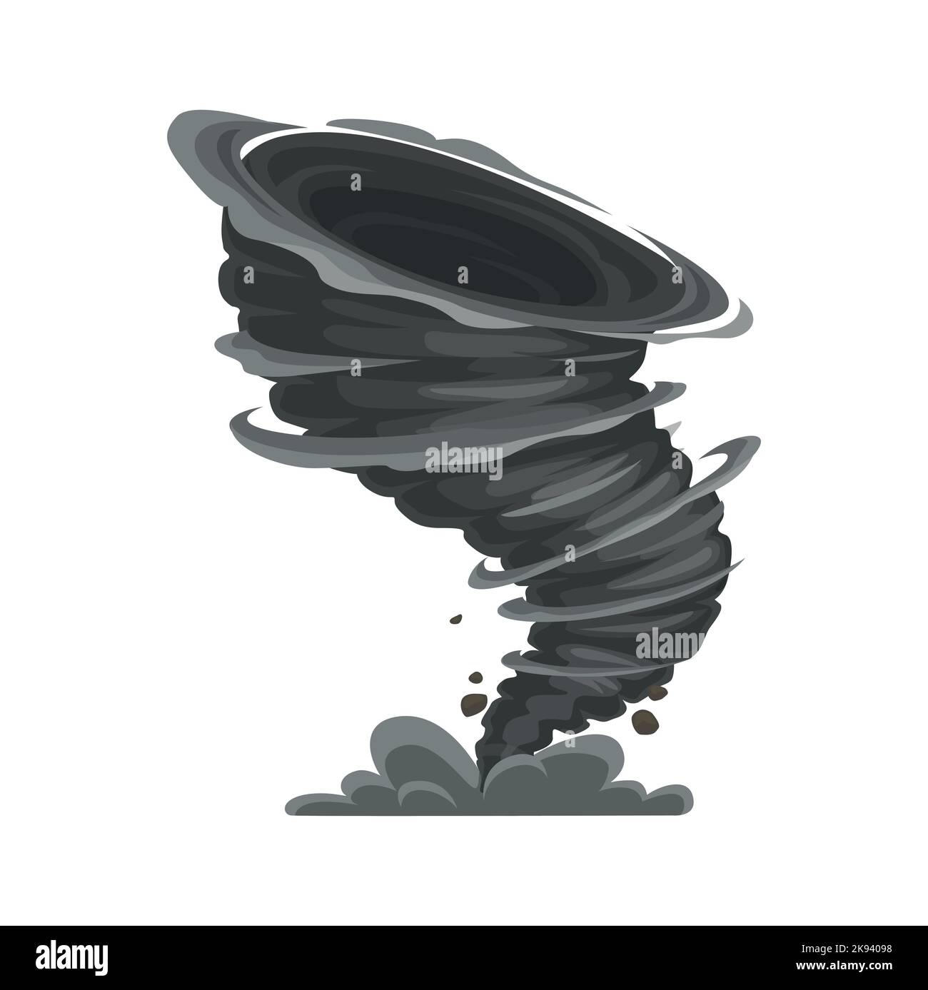 Cartoon tornado, storm or cyclone twisted vortex, isolated vector black spiral hurricane funnel ...