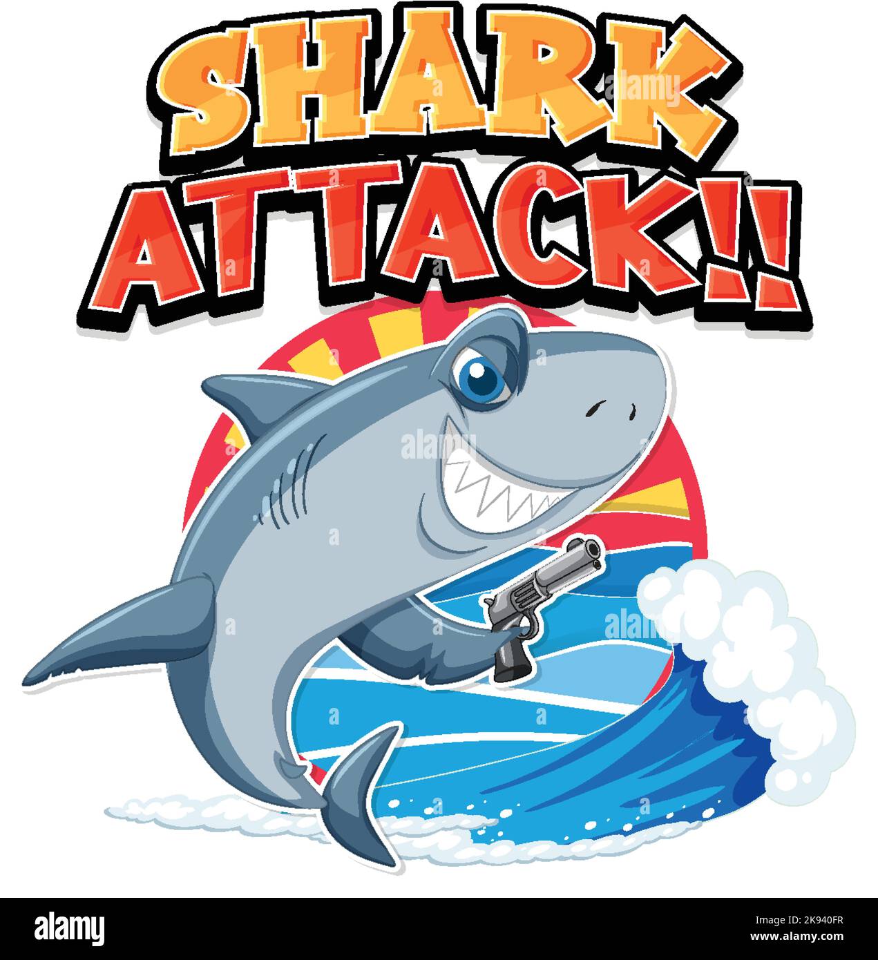 Shark attack icon with cute shark cartoon character illustration Stock ...