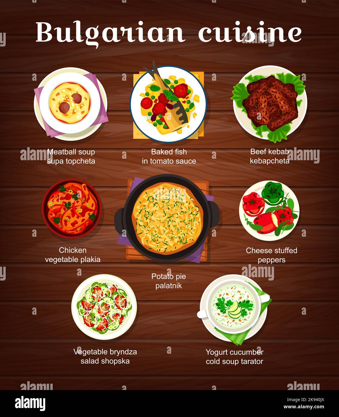 Bulgarian, cuisine, menu. Meatball soup, baked fish in tomato sauce and ...