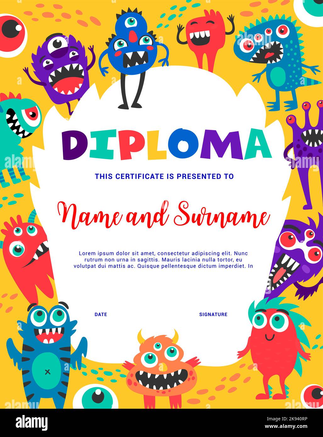 Kids diploma with funny monster characters. Cartoon vector educational ...