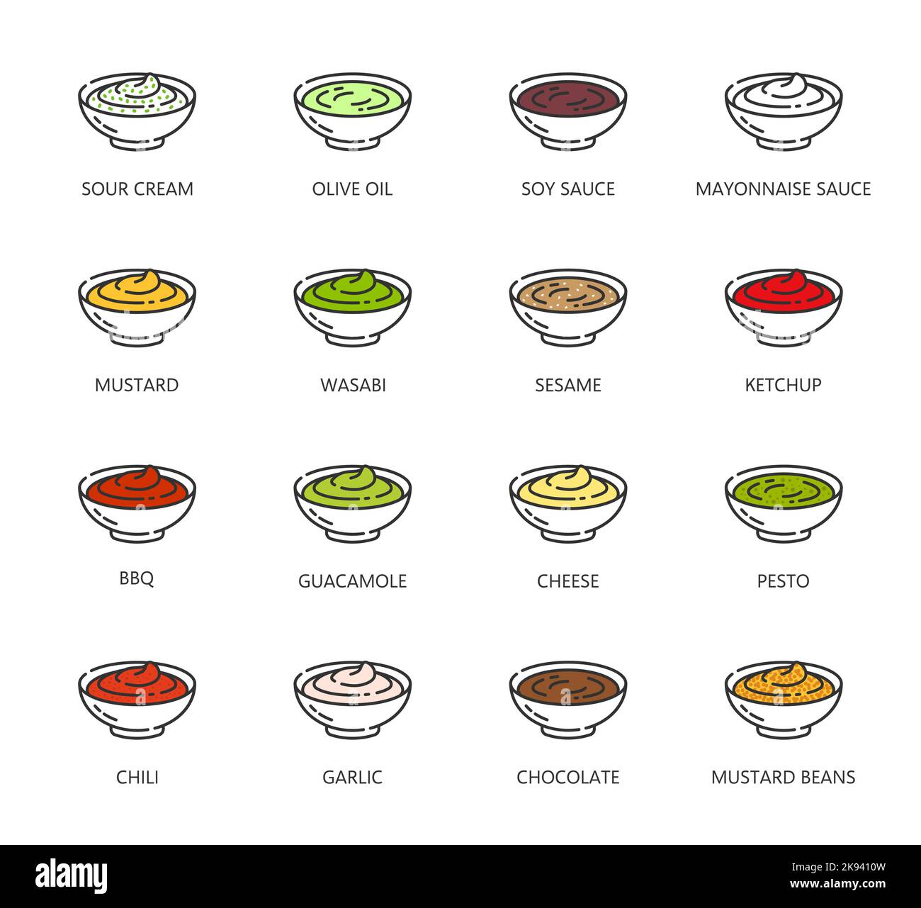 Sauce icons, ketchup BBQ, mayonnaise and mustard in bowls, vector fast ...