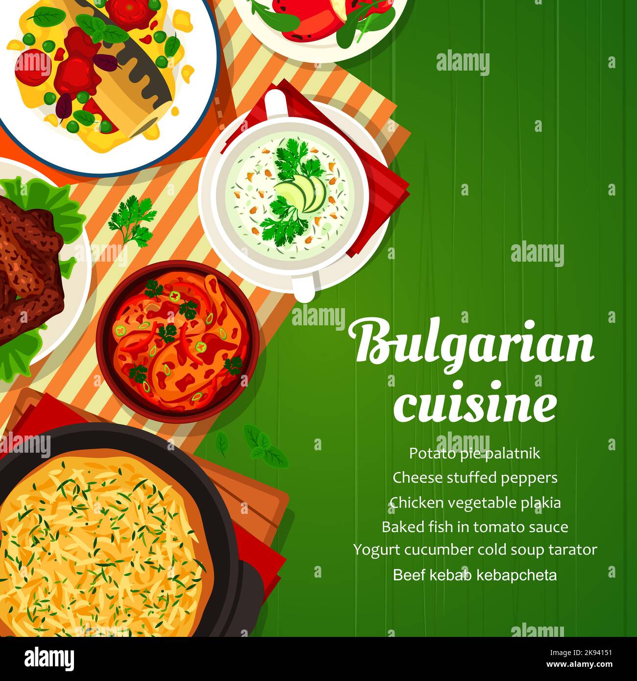 Bulgarian cuisine menu cover template. Cheese stuffed peppers, beef ...