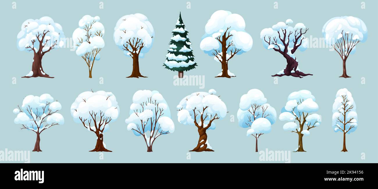 Cartoon winter trees, isolated vector wintertime forest and garden ...