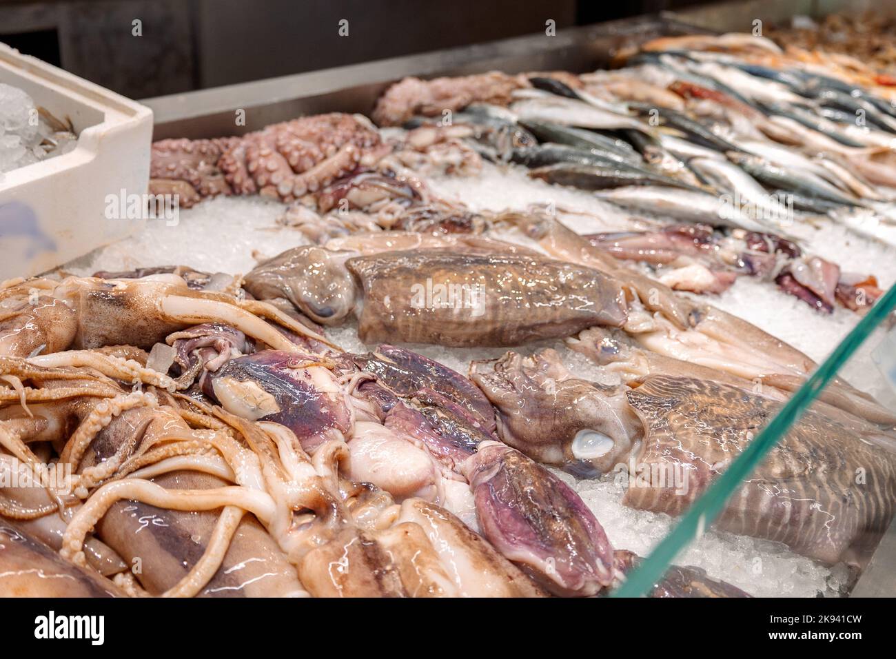 Colorful selection of seafood at fish market in Rhodes, Greece. High ...