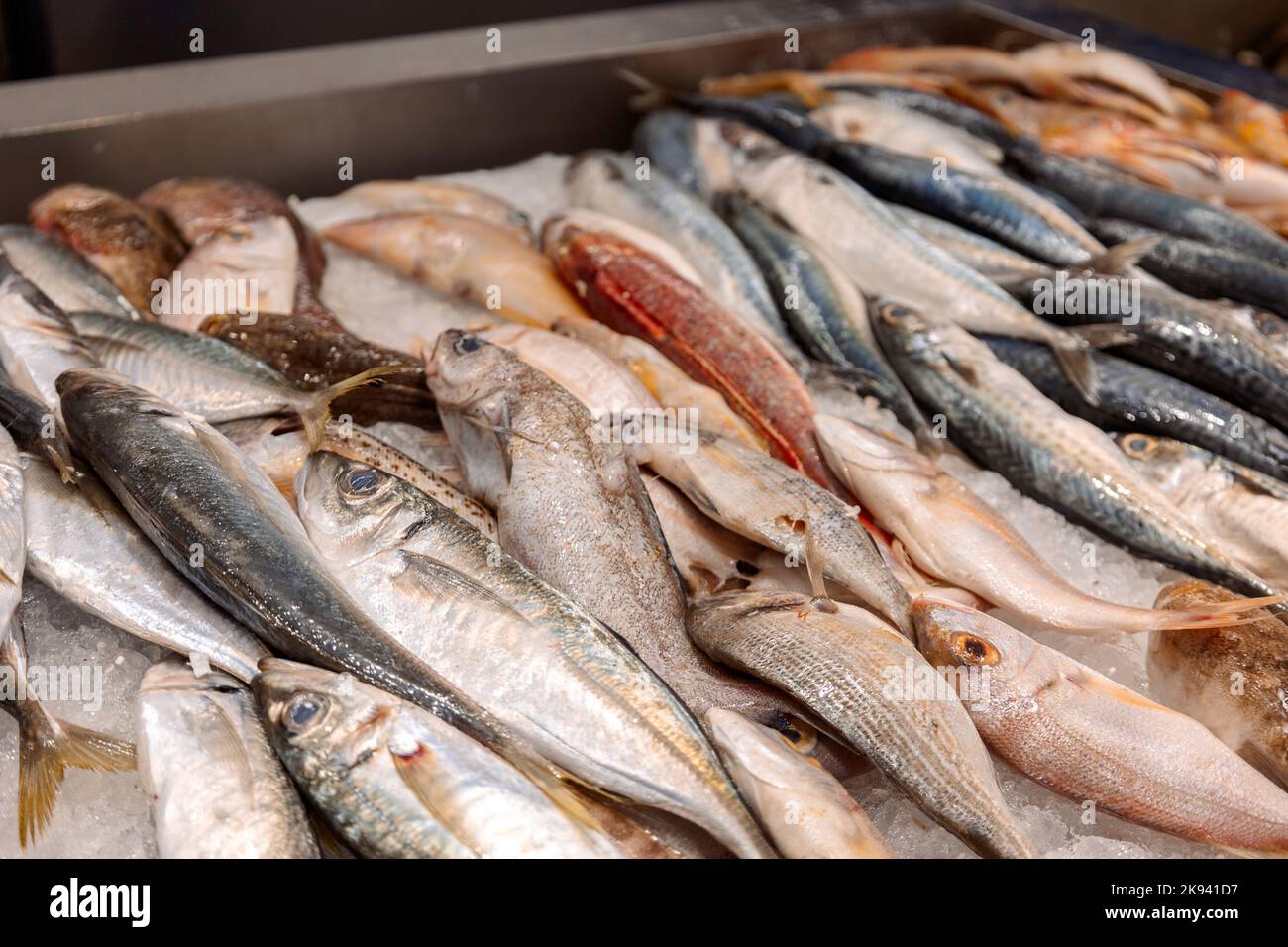 Colorful selection of seafood at fish market in Rhodes, Greece. High ...