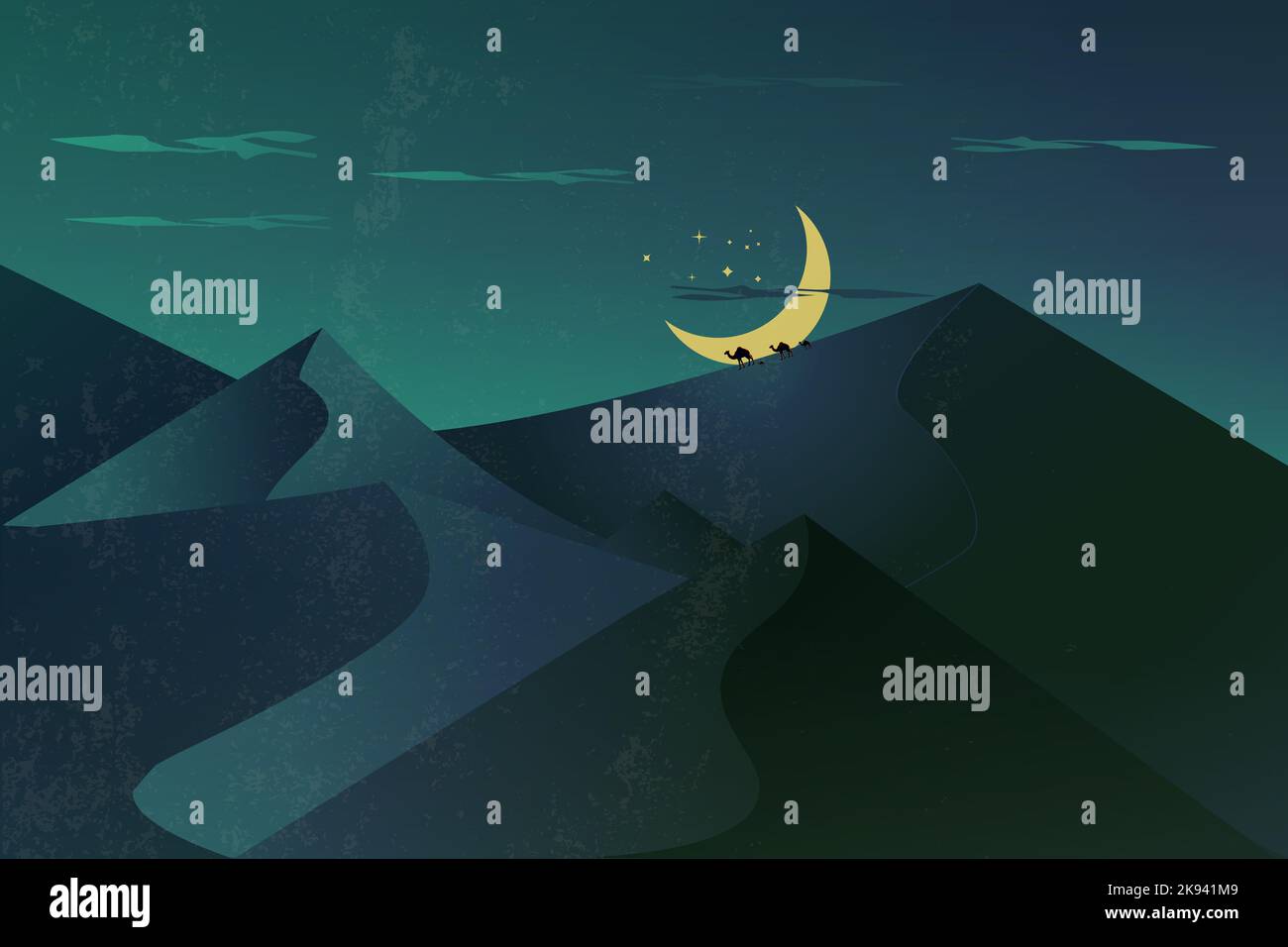 A beautiful image of a desert. Here the half moon rises, a herd of ...