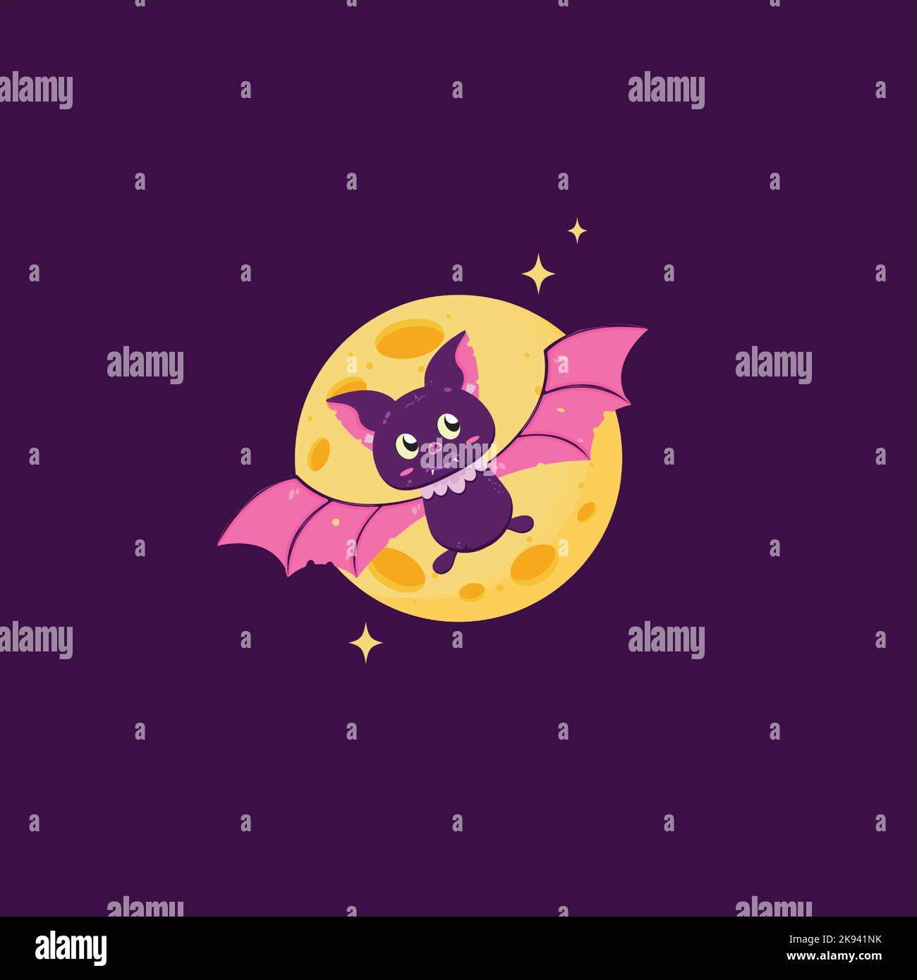 2D graphic cute bats flying in front of the full moon during the ...