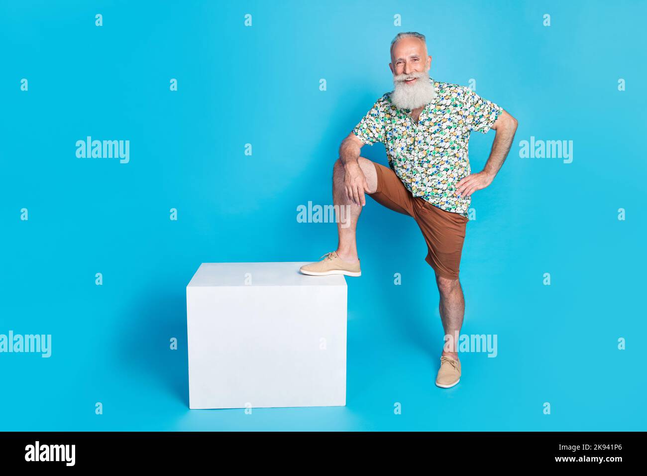 Full body photo of cheerful person stand empty space podium isolated on ...