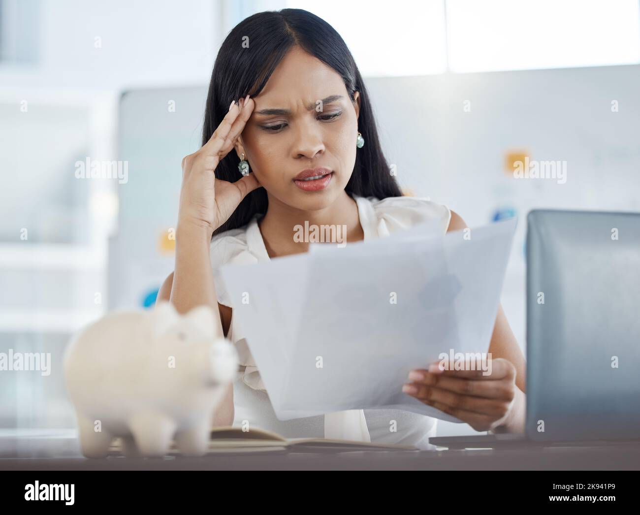 Work stress, headache and business woman with office documents working ...
