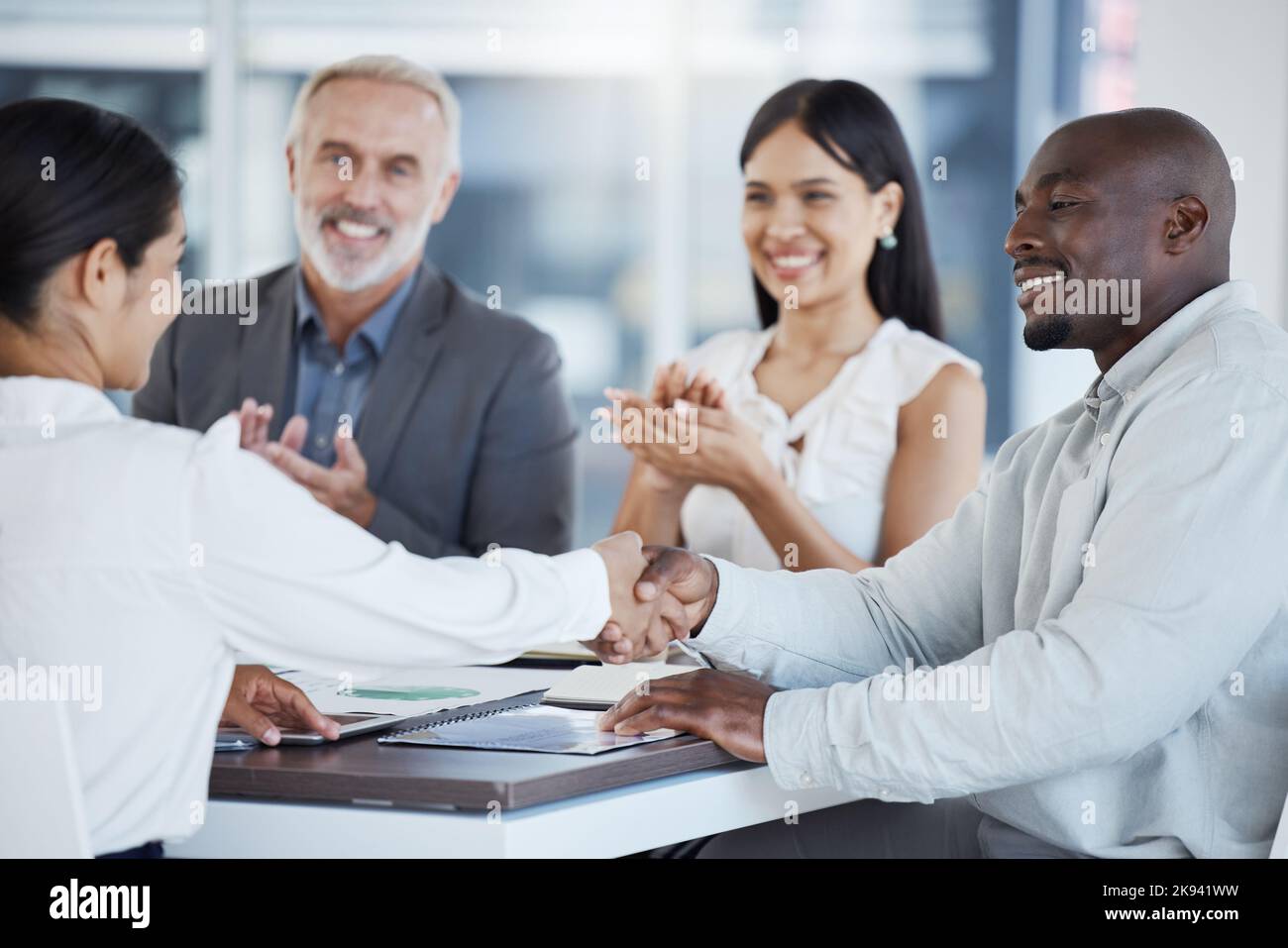 Handshake, b2b and welcome with team clapping, meeting and smile for ...