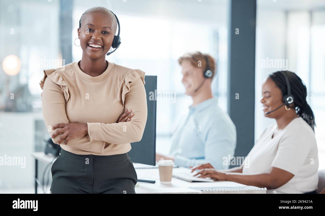 Happy black woman, call center and contact us for customer service and ...