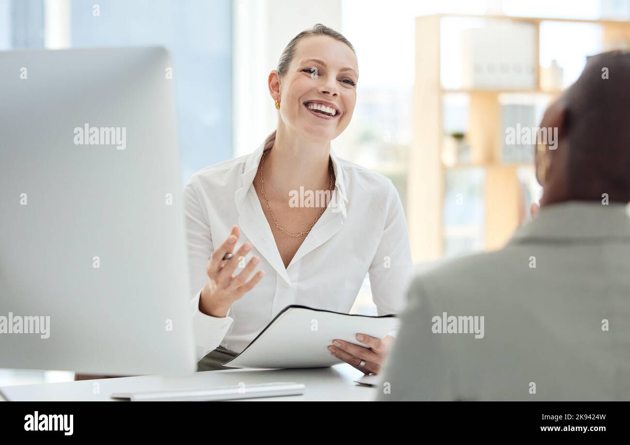 Recruitment, interview and hr professional talking to a new employee ...